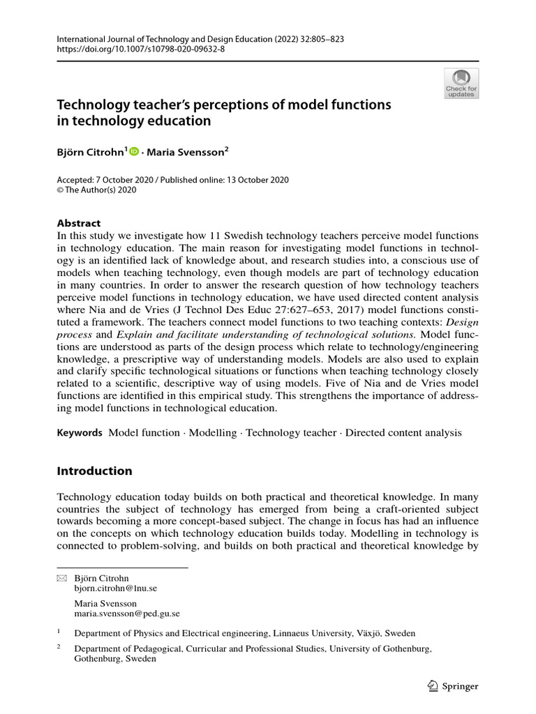 Technology Teacher's Perceptions of Model Functions in Technology ...