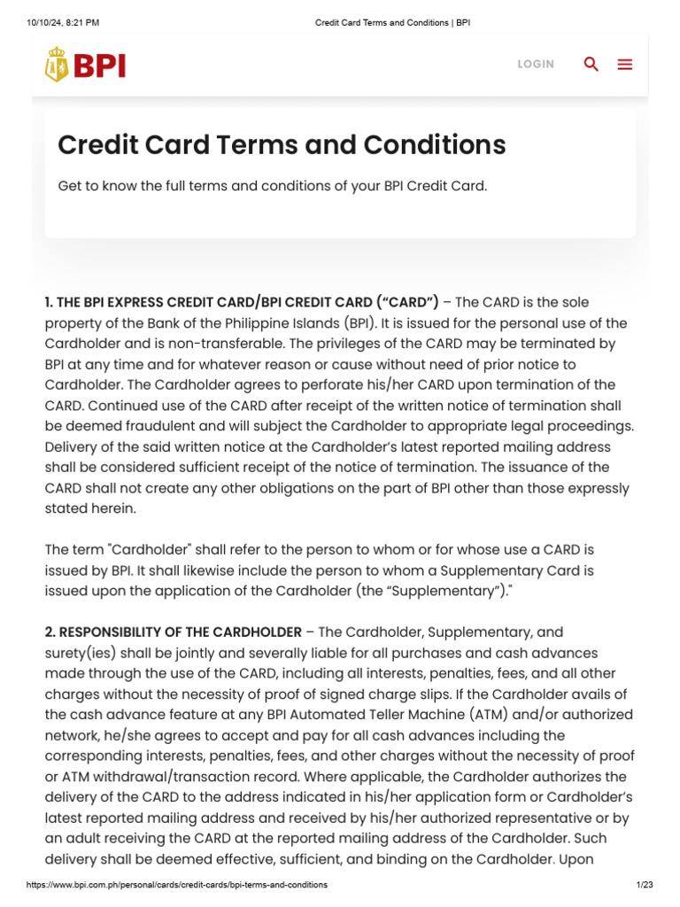 Credit Card Terms and Conditions - BPI | PDF