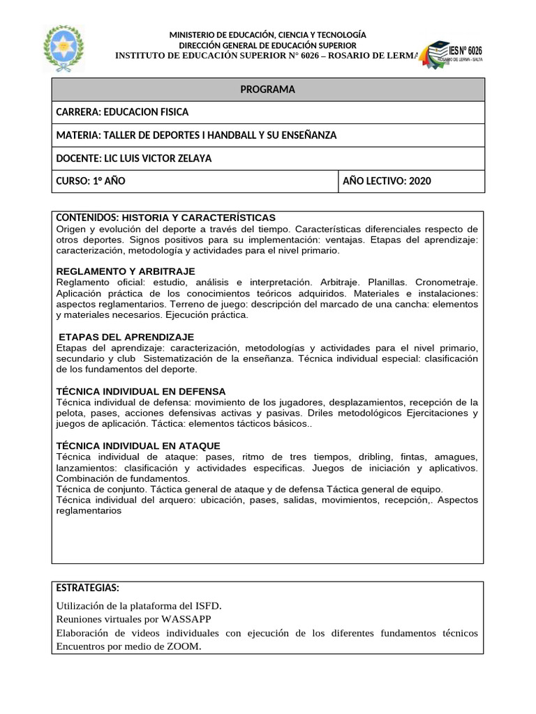 Programa Handball 1er Año Prof. Luis Zelaya | PDF