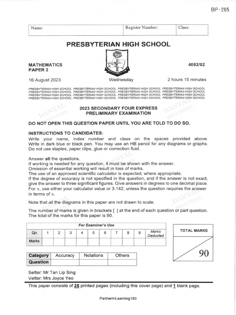 Presbyterian High School E Math Prelim 2023 | PDF