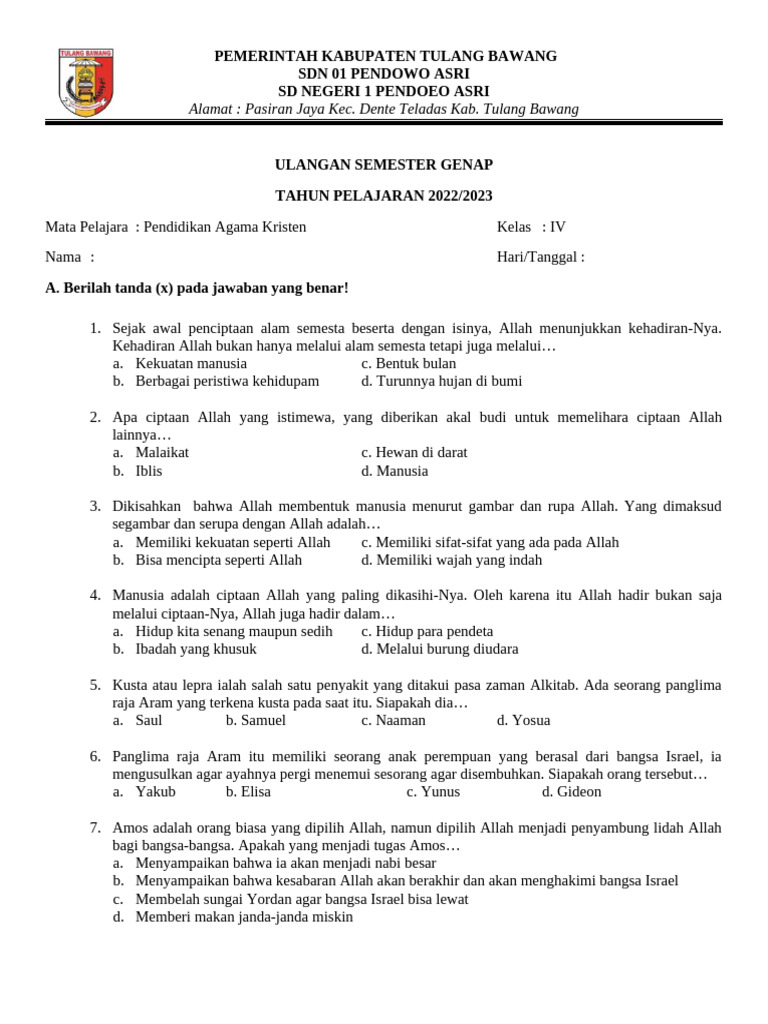 Uas Pak Kelas 4 S2 | PDF