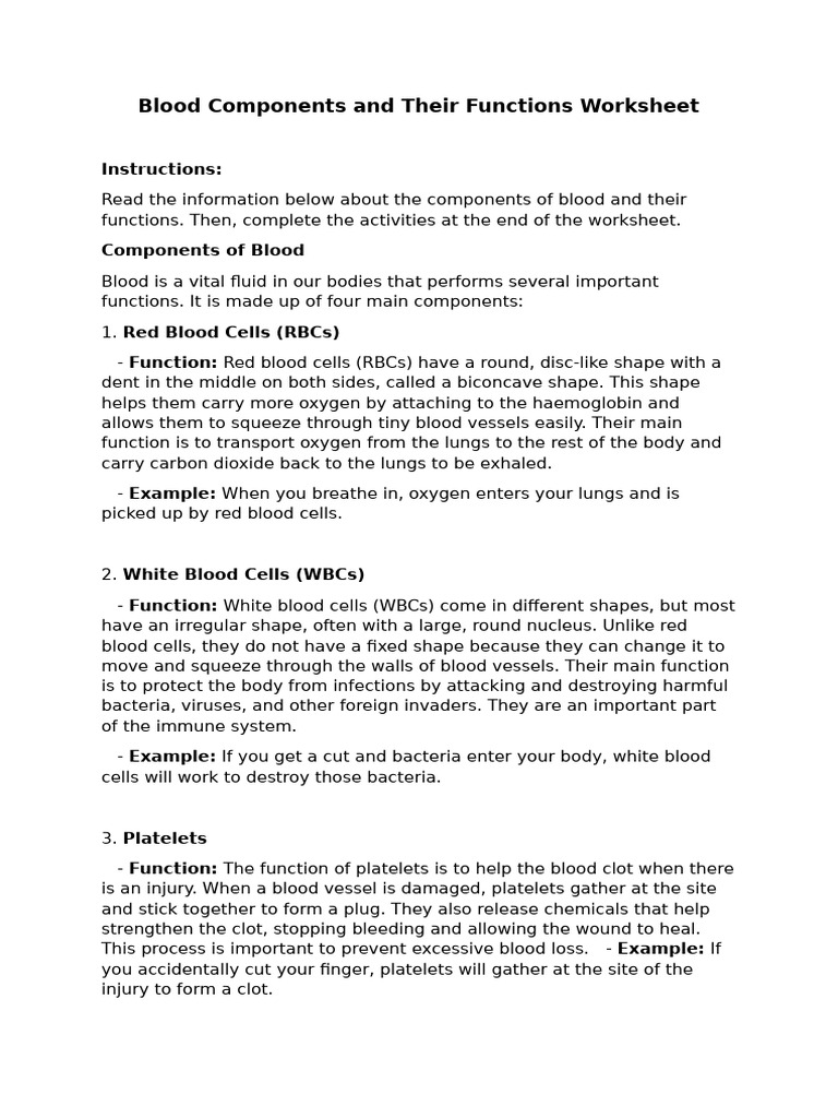 Blood Components Reinforcement Worksheet | PDF