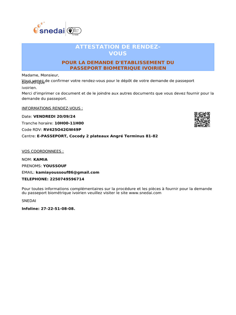Rendez-vous Passeport Biométrique Ivoirien | PDF