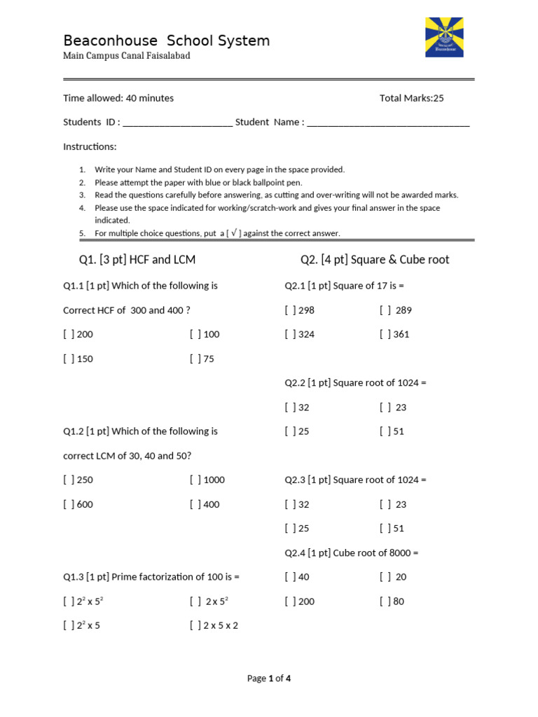 Math Quiz Practice Worksheet For Class 7 | PDF