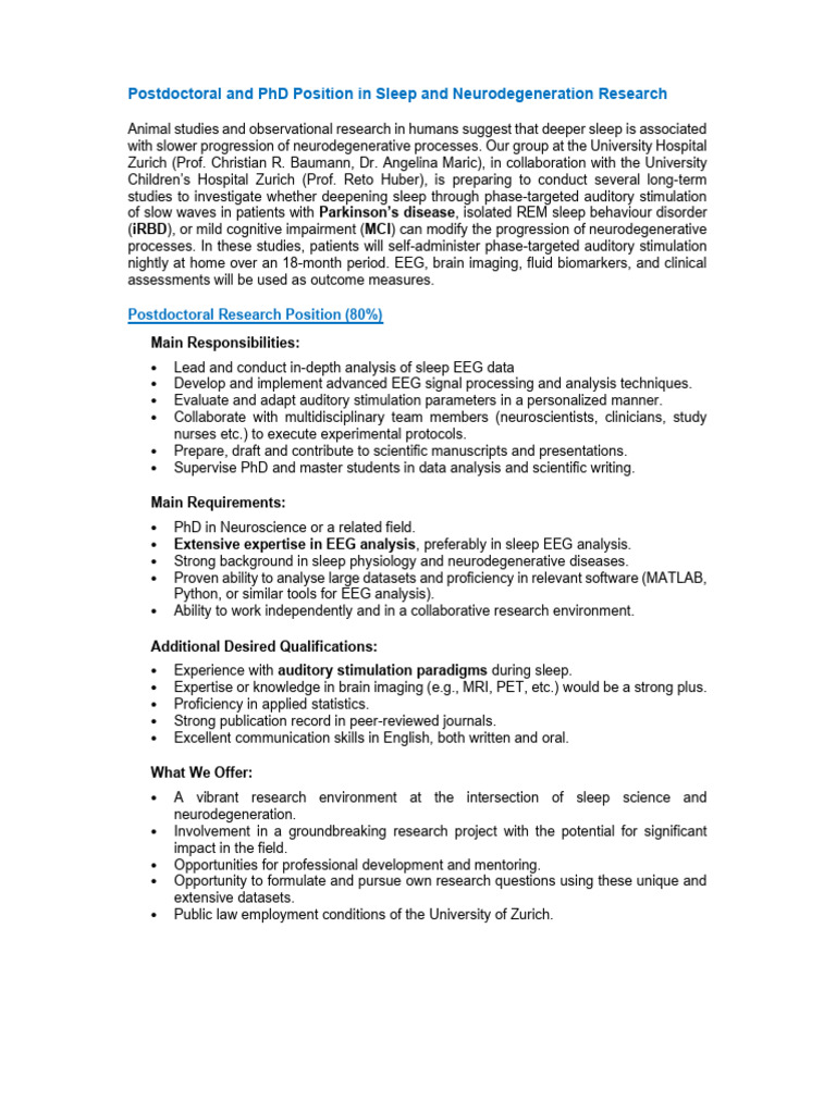 Postdoc and PHD Position USZ | PDF | Electroencephalography | Science & Mathematics