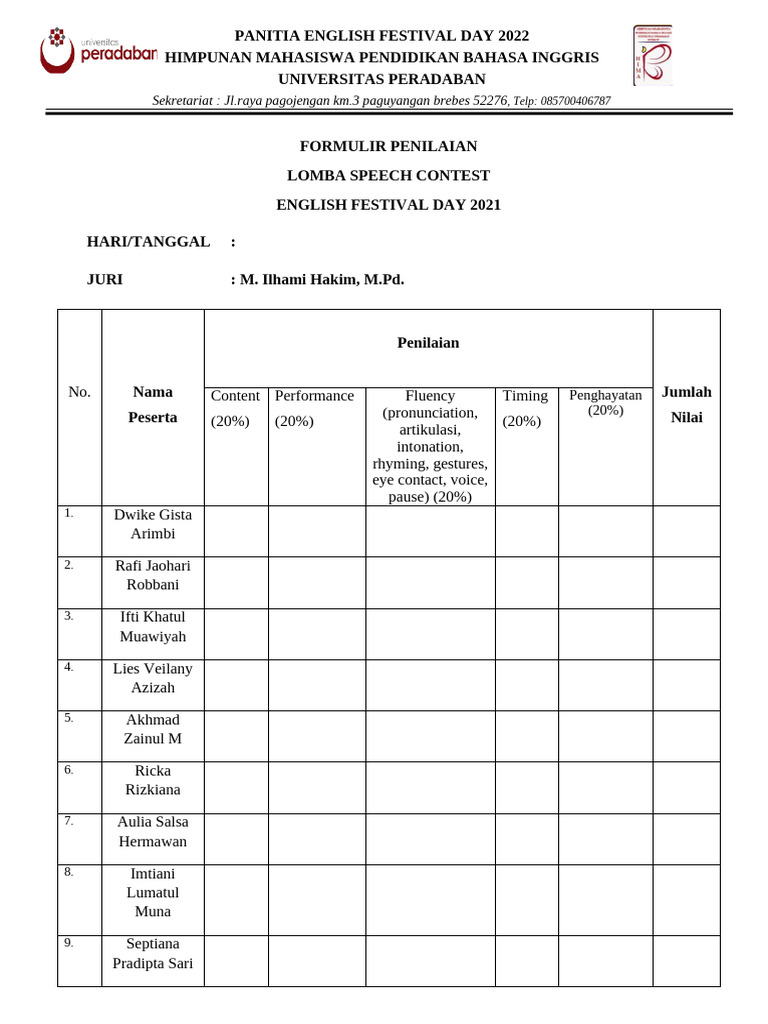 Tabel Penilaian Lomba Engfes | PDF