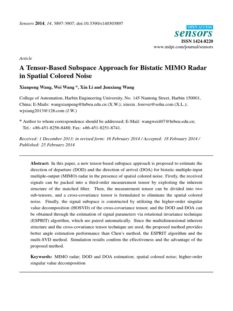 Tensor Based Subspace Approach For Bistatic MIMO Radar in Sptial ... Tensor Based Subspace Approach For Bistatic MIMO Radar in Sptial ...
