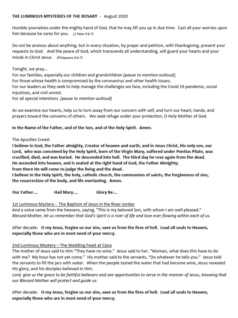 Luminous Mysteries Rosary Prayers | PDF | Jesus | Mary, Mother Of Jesus