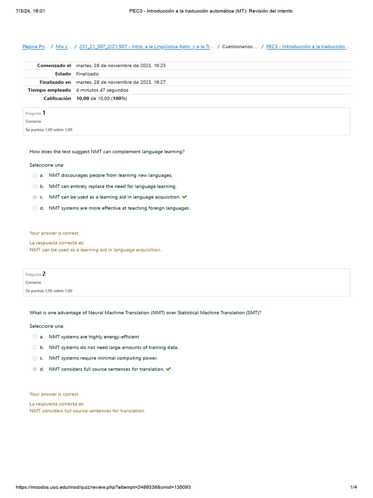 PEC3 - Introducción A La Traducción Automática (MT) ILAT UOC | PDF