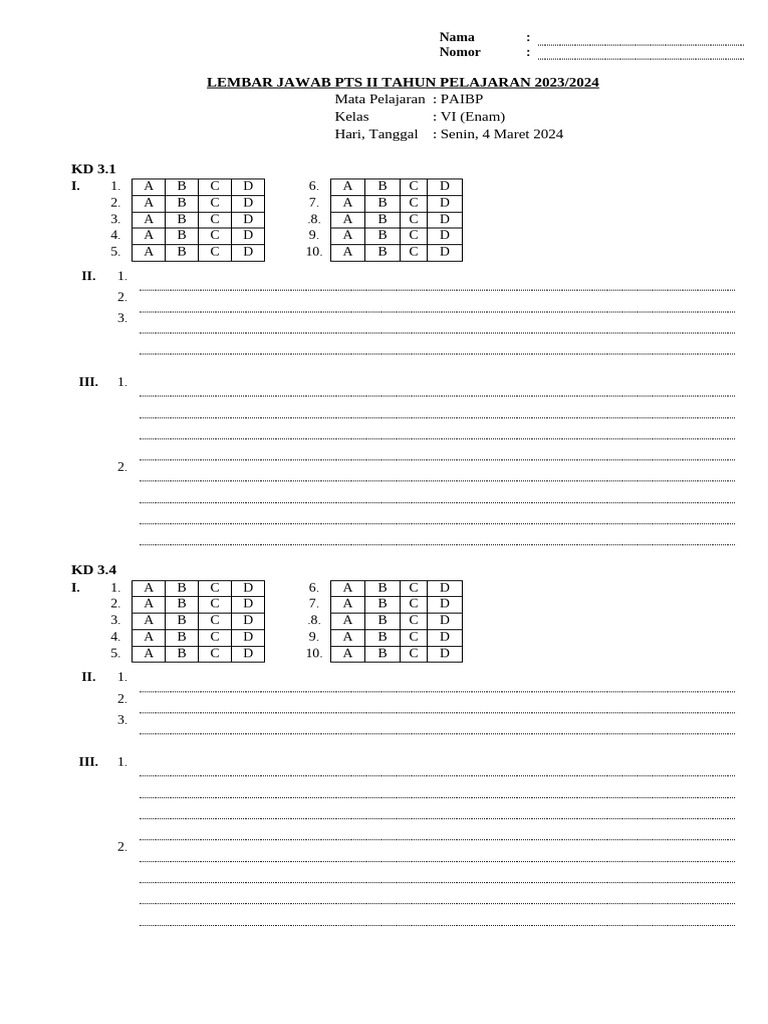 Lembar Jawab PTS II 2024 | PDF