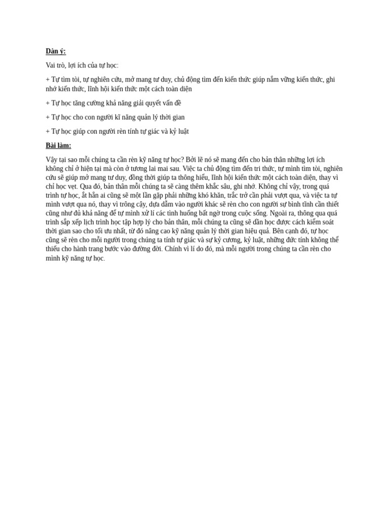 Dàn ý Tự Học - Bàn Luận, Chứng Minh | PDF