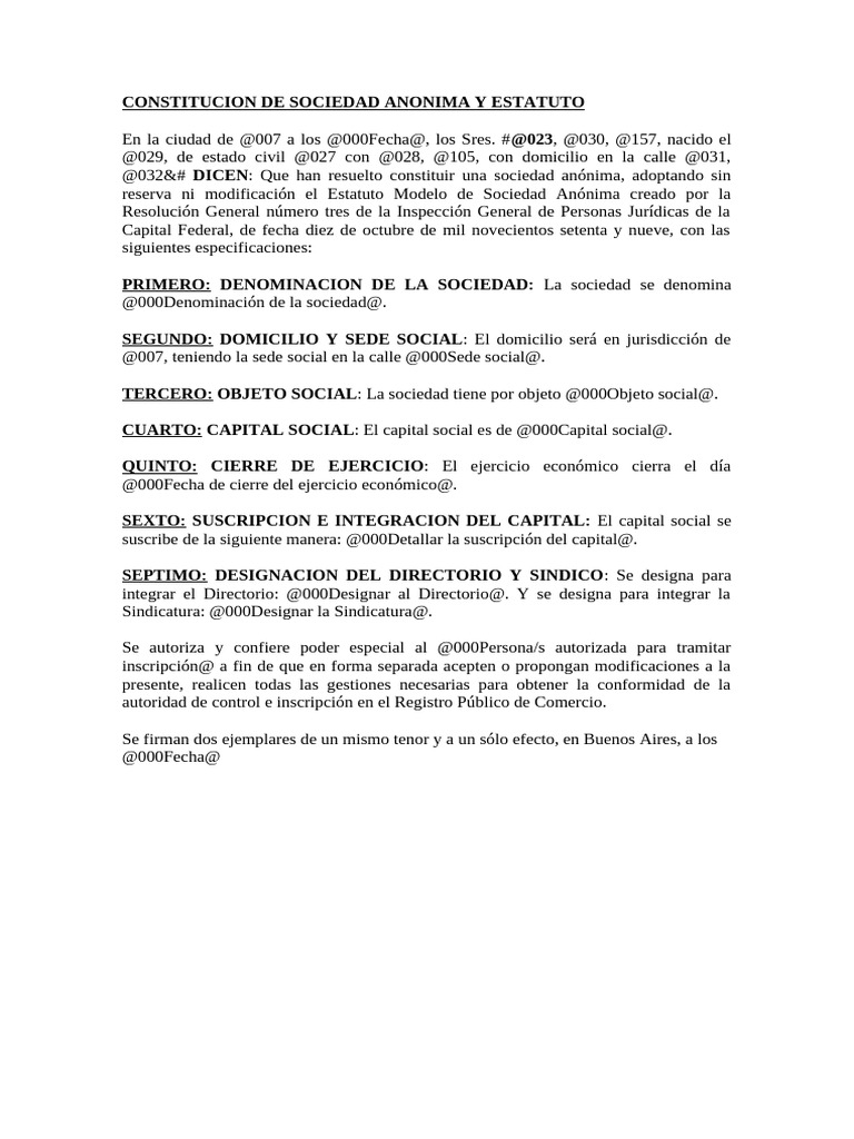 CONSTITUCION DE SOCIEDAD ANONIMA Y ESTATUTO | PDF