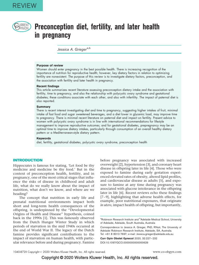 Preconception Diet, Fertility, and Later Health | PDF