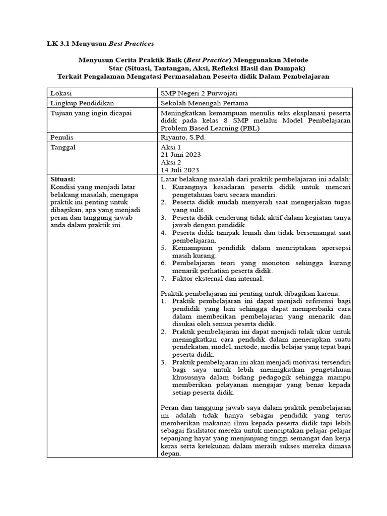 Menyusun Cerita Praktik Baik (Best Practice) Menggunakan Metode Star | PDF