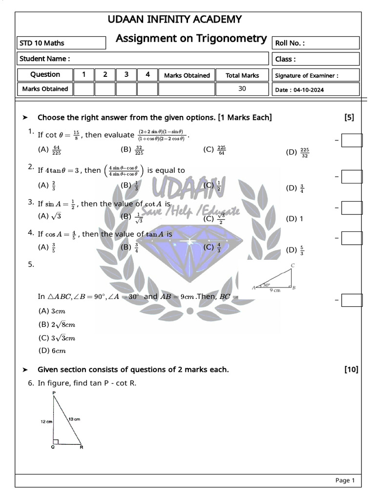 Assignment On Trigonometry Part-1 | PDF