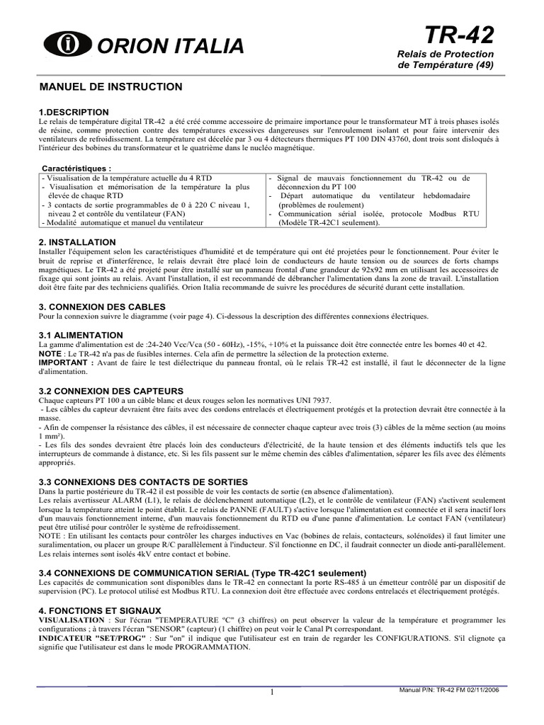 Documentation TR42 - Protection Thermique Par Sondes PT 100 - ORION | PDF