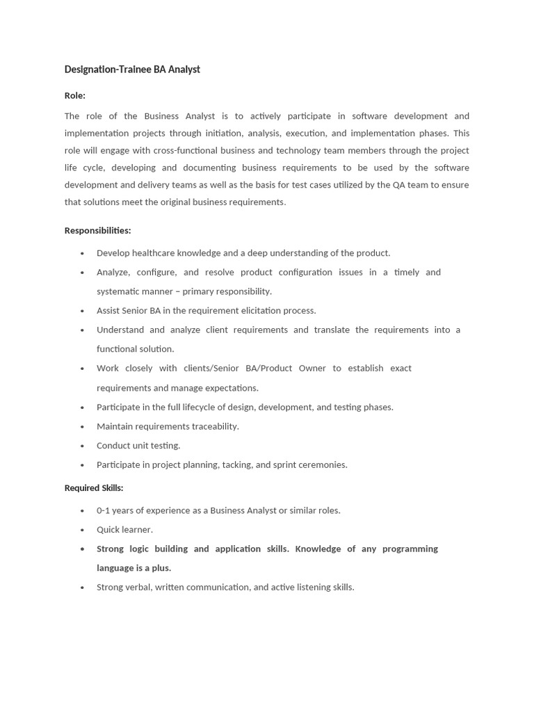 SimplifyHealthcare JD Trainee Business Analyst - Config - UHG | PDF | Cognition | Business