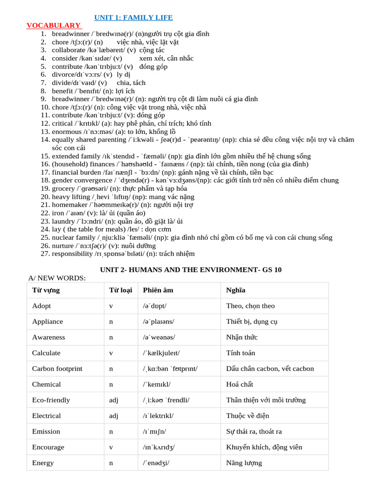 Unit 1: Family Life: Vocabulary | PDF