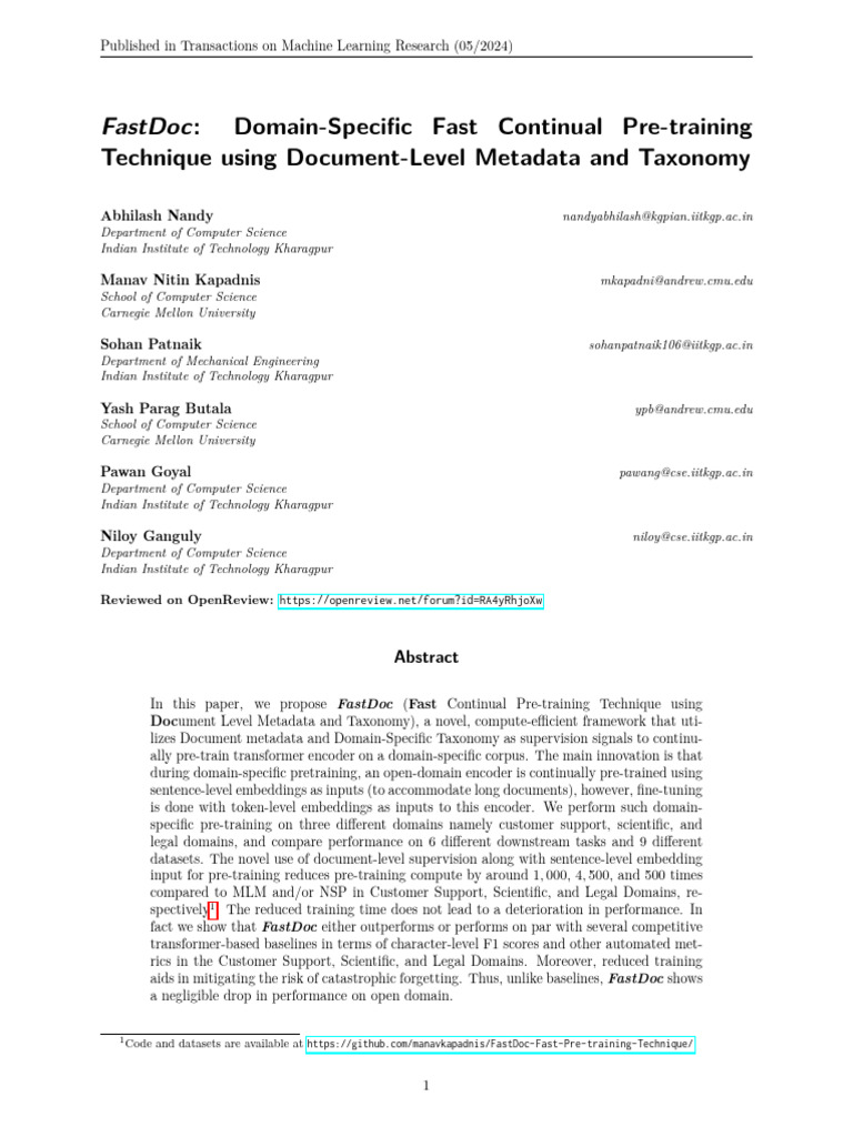 FastDoc: Domain-Specific Fast Continual Pre-Training Technique Using Document-Level Metadata and ...
