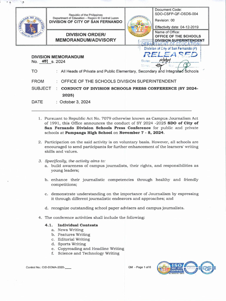 Division Memorandum No. 551 S. 2024 CONDUCT OF DIVISION SCHOOLS PRESS ...