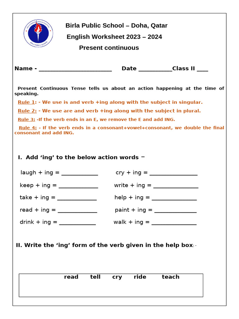 English Worksheet (Present Continuous) 23-24 | PDF