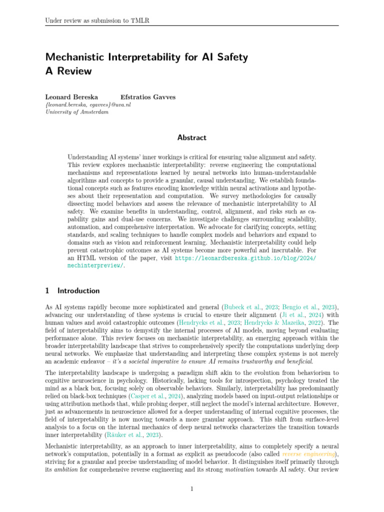 Mechanistic Interpretability For AI Safety - A Review - Aug 2024 2404.14082v3 | PDF