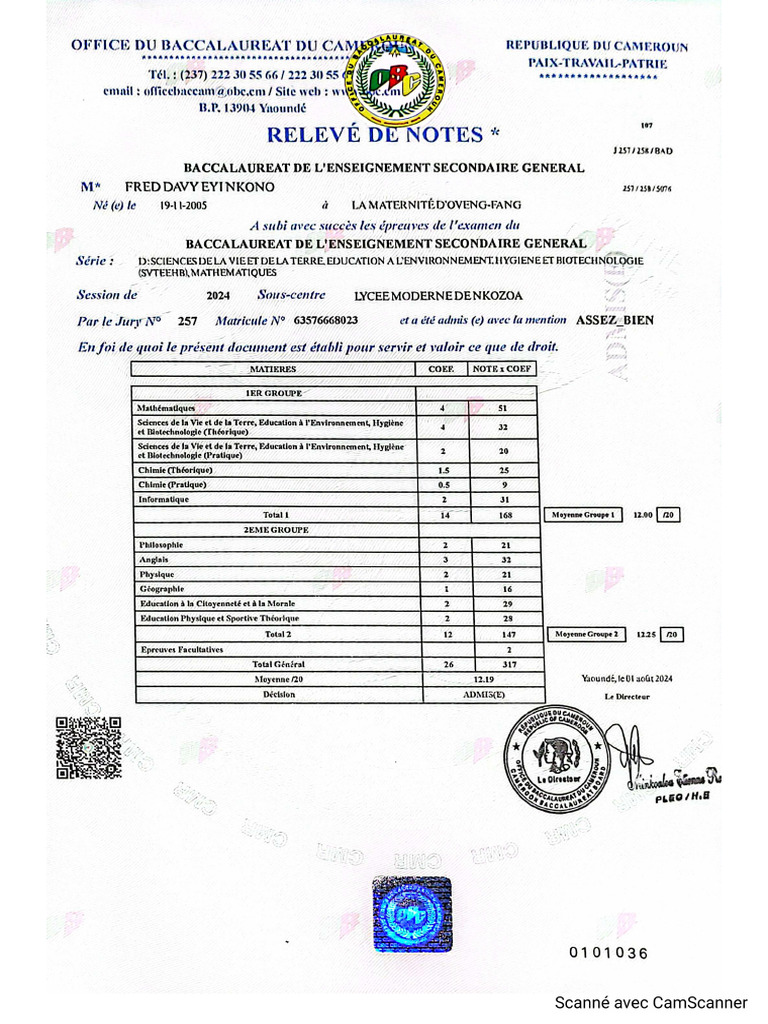 Relevé de Notes Baccalauréat D 2024 Fred Davy | PDF