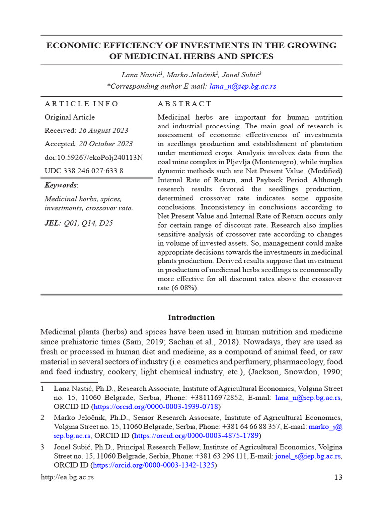 Economic Efficiency of Investments in The Growing | PDF | Internal Rate ...