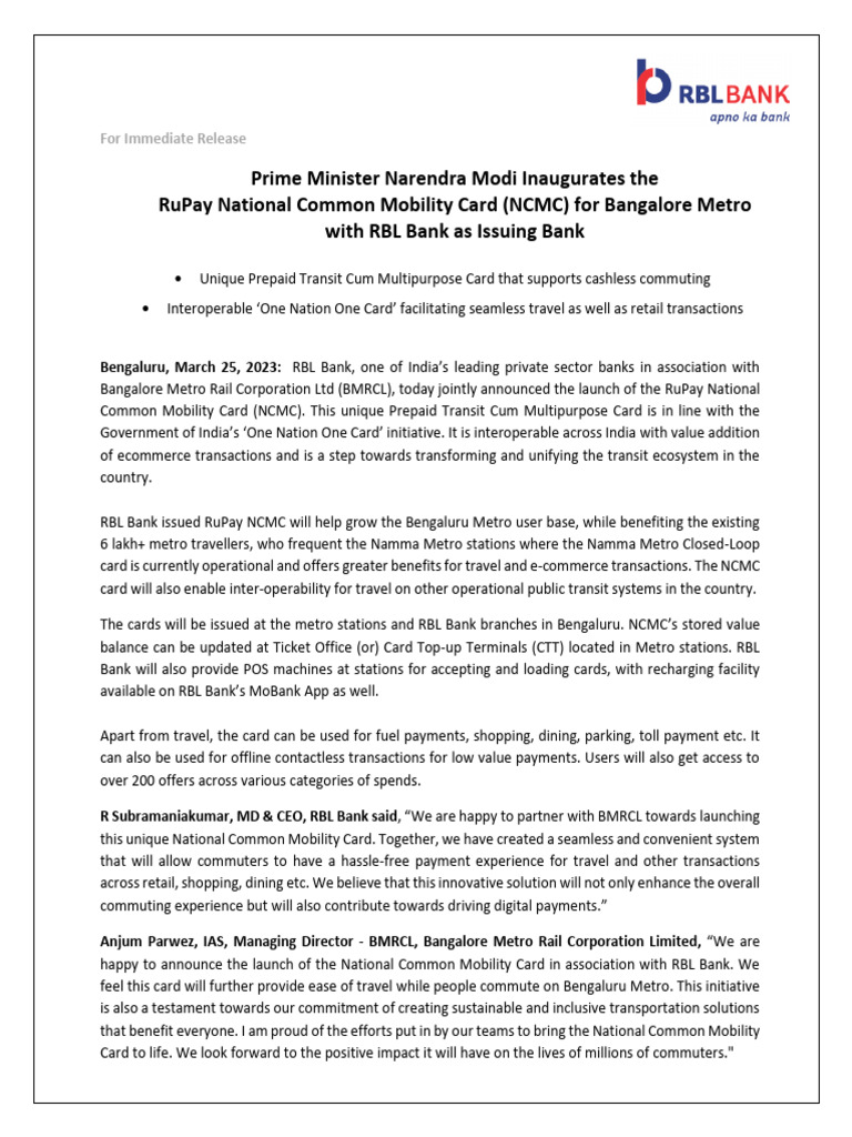 RBL Bank BMRCL Launch | PDF