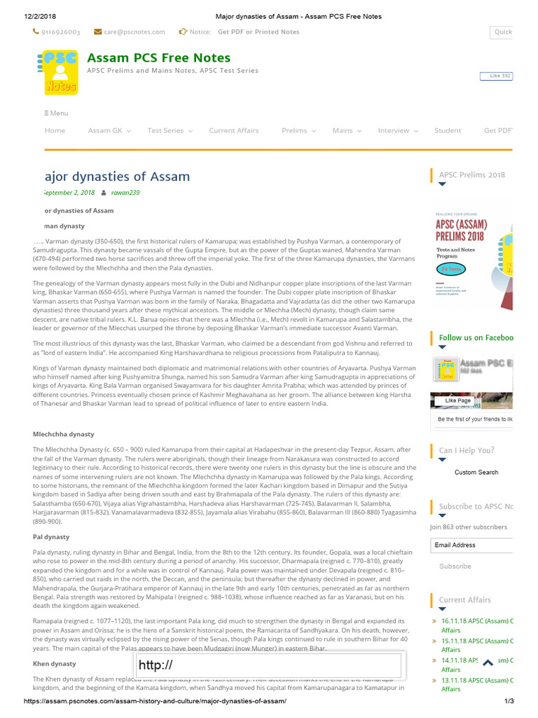 Major Dynasties of Assam - Assam PCS Free Notes | PDF