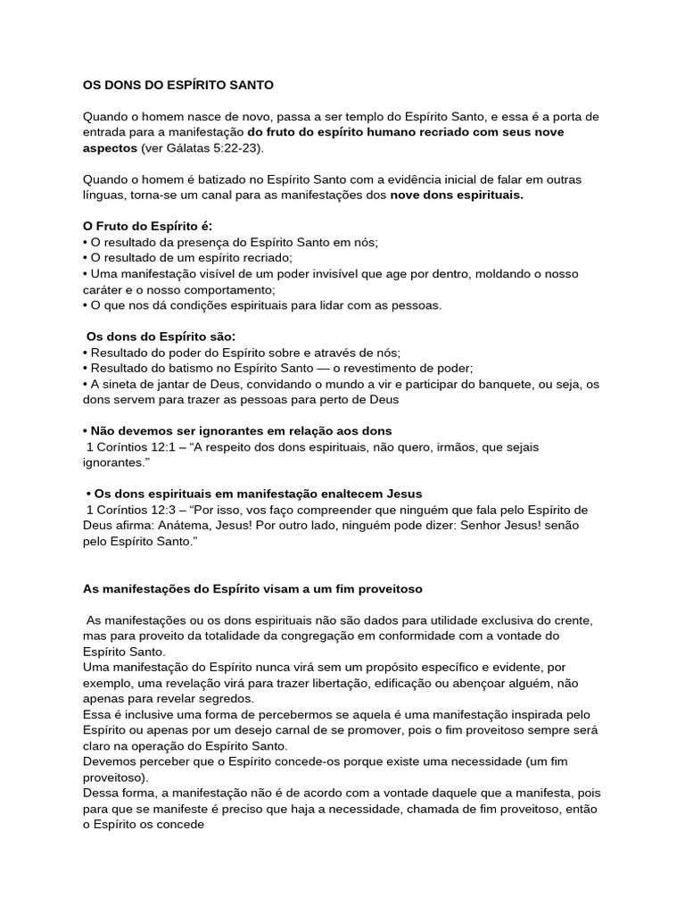 Dons do Espírito Santo: Manifestação e Propósito | PDF | Presente ...