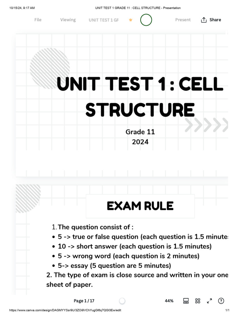 UNIT TEST 1 GRADE 11 - CELL STRUCTURE - Presentation | PDF