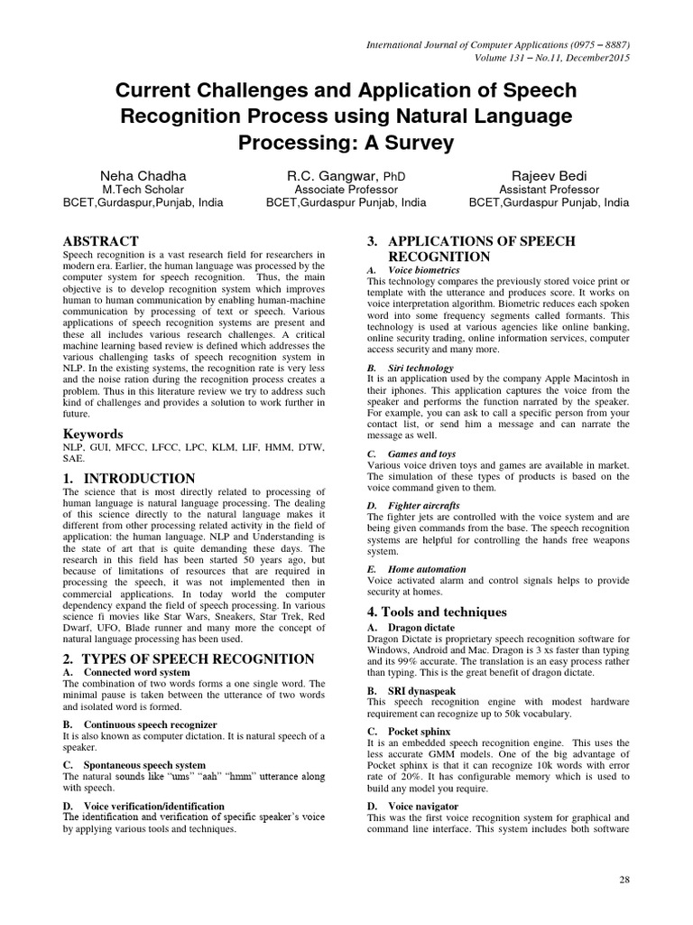 Current Challenges and Application of Speech Recog | PDF | Speech Recognition | Computers
