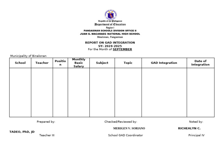GAD INTEGRATION TEMPLATE Sept | PDF