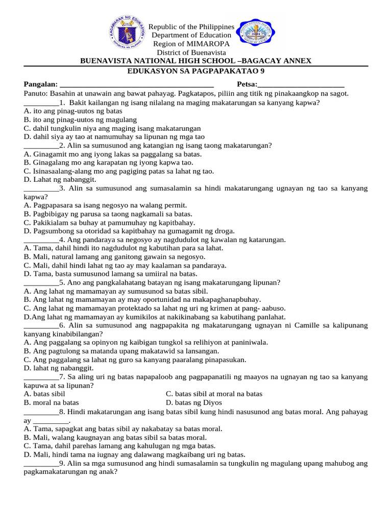QUIZ IN ESP 9 -MODYUL 1 | PDF