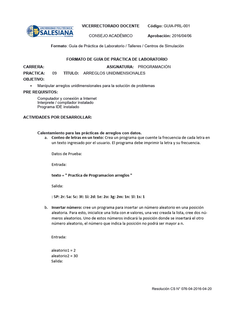 Práctica 09. - Arreglos Unidimensionales | PDF | Python (lenguaje de programación ...