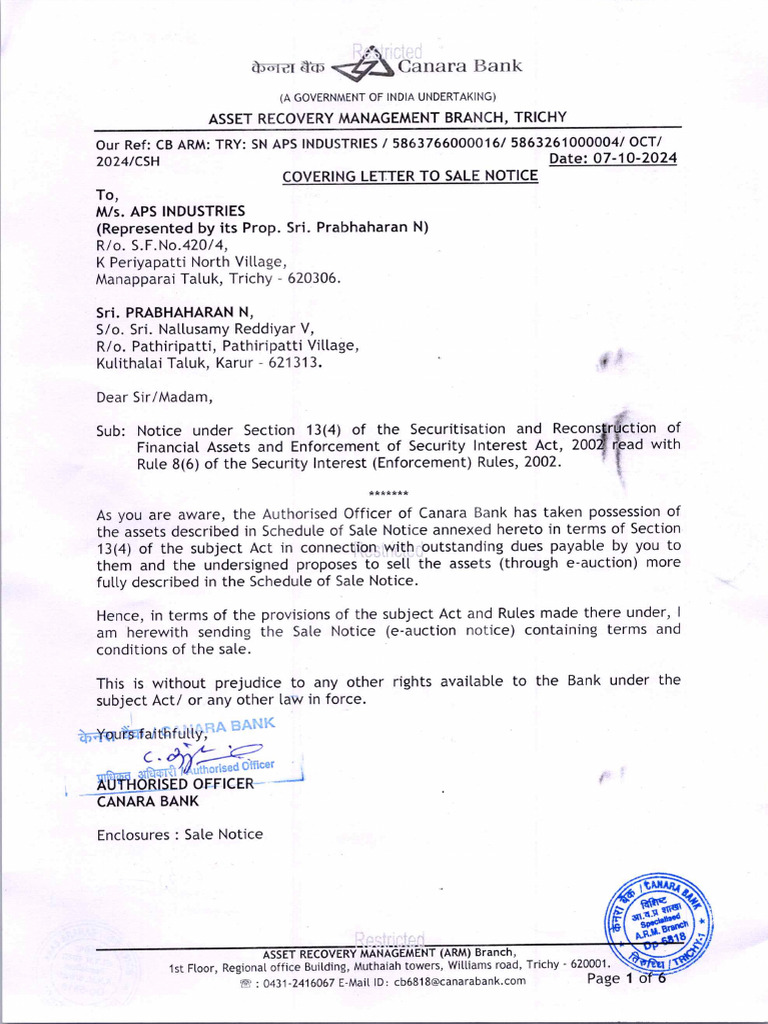 Sale Notice - 07-10-2024 - E-Auction On 30-10-2024 - Aps Industries | PDF