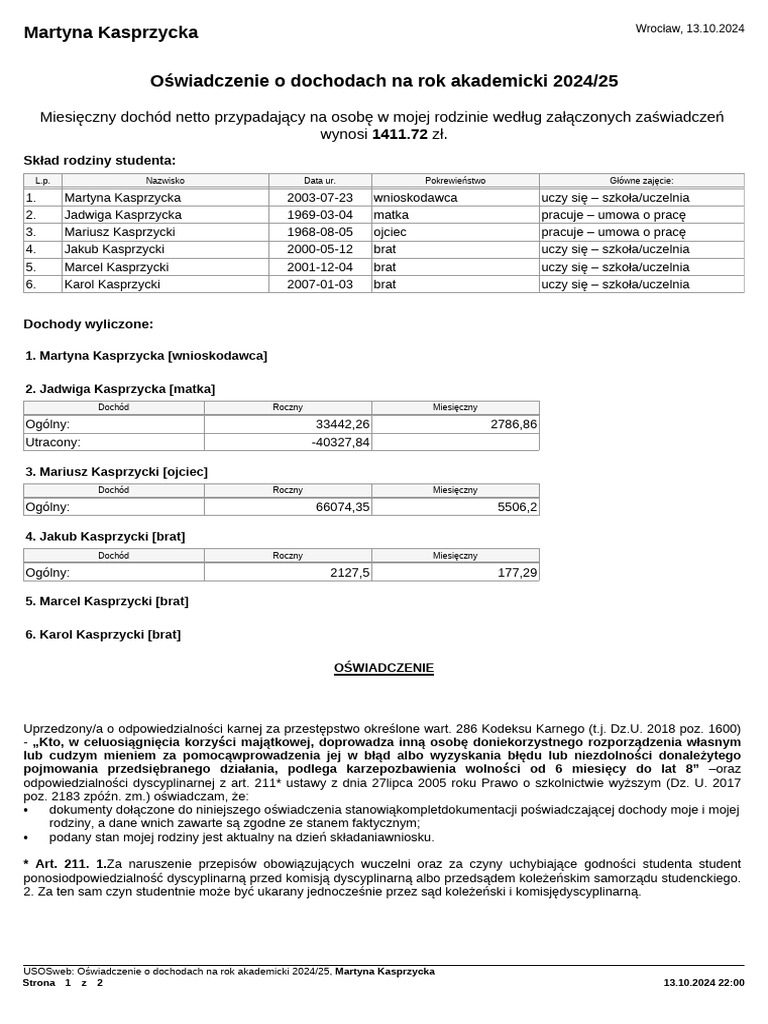 Oświadczenie o Dochodach 2024-10-13 | PDF