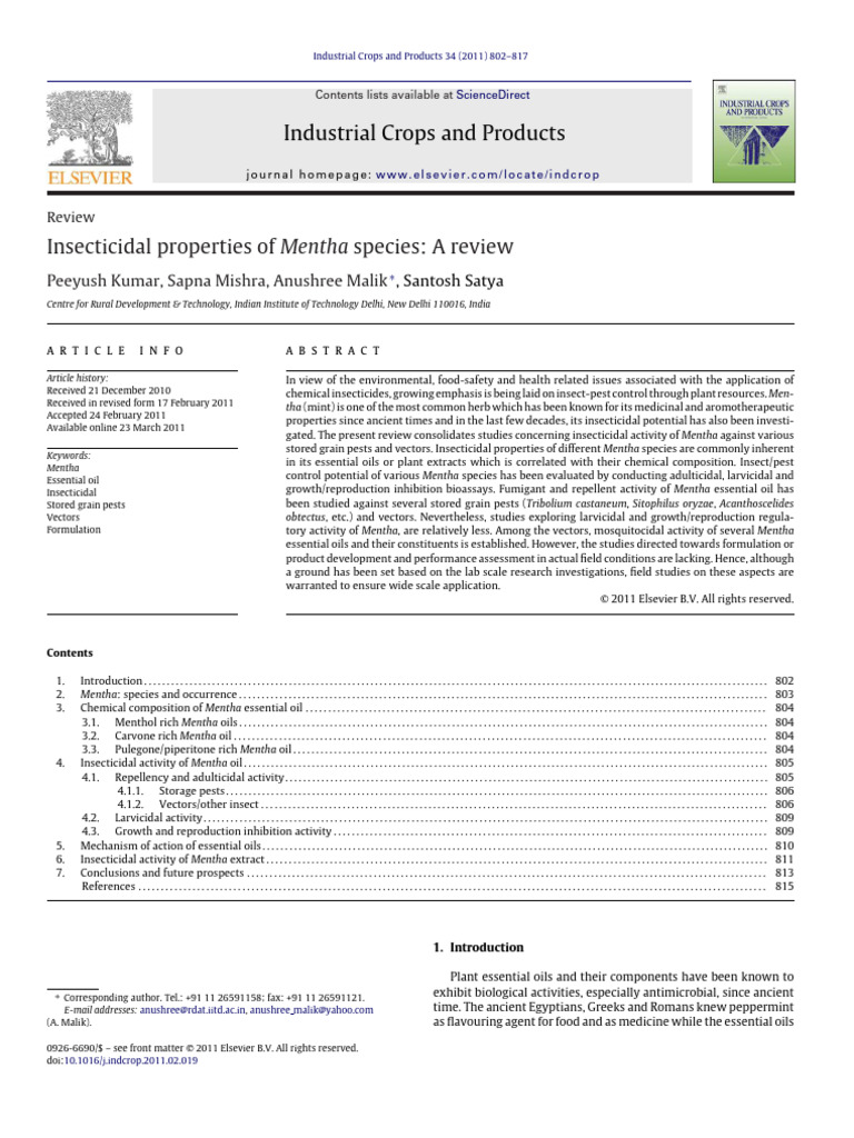 Insecticidal Properties of Mentha Specie | PDF