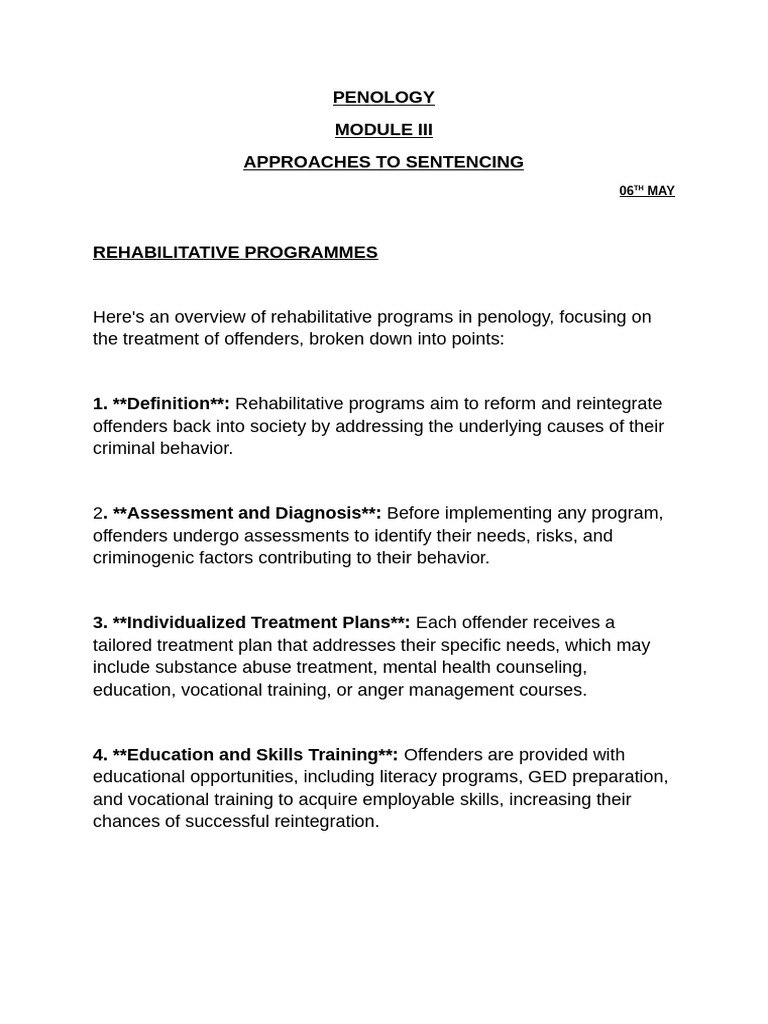 Penology-Rehabilitative Programmes | PDF