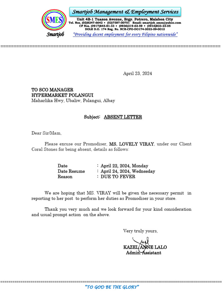 Absent Letter Lovely Viray SSM Polangui 4 23 | PDF