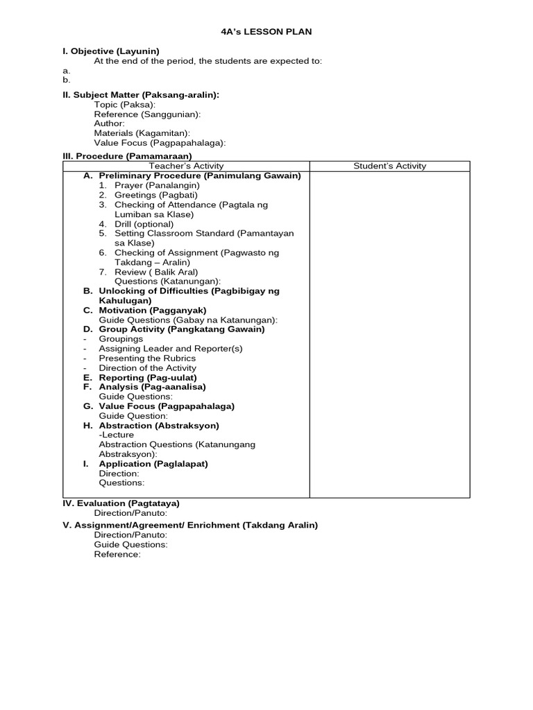 4as Lesson Plan Outline | PDF