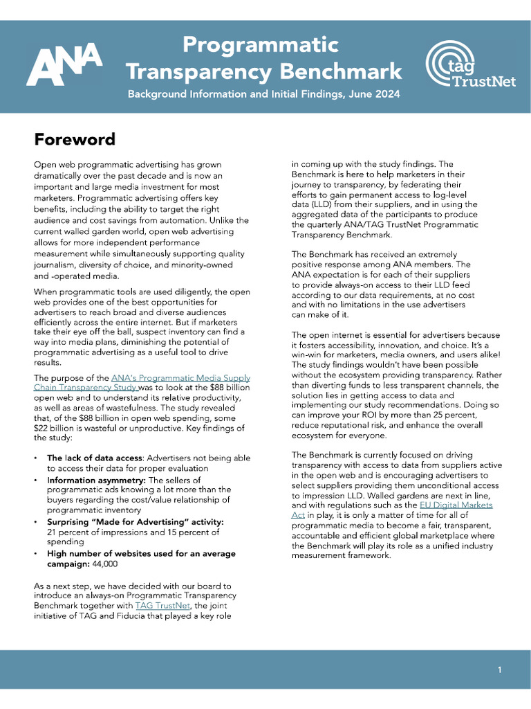ANA and Tag TrustNet_Programmatic Transparency Benchmark_202406 | PDF