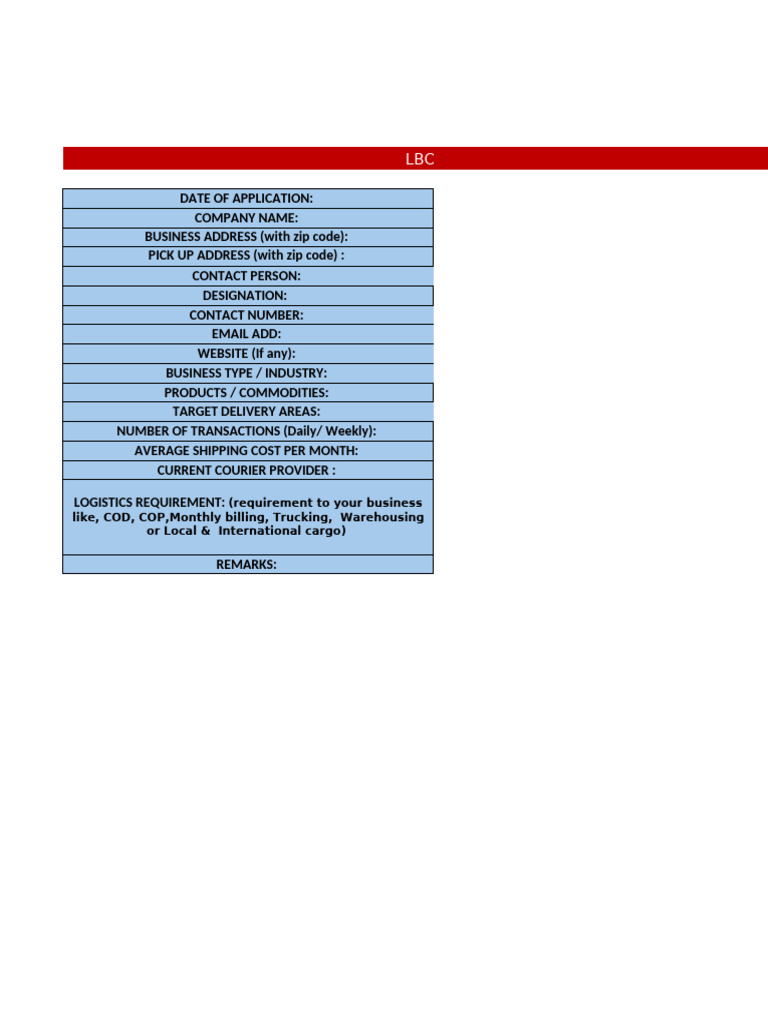 LBC EXPRESS INC - Corporate Account Application Form | PDF