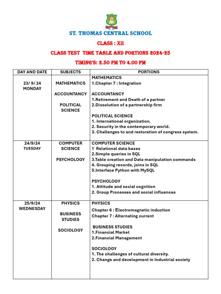 Class Xii Class Test Timetable & Portions | PDF