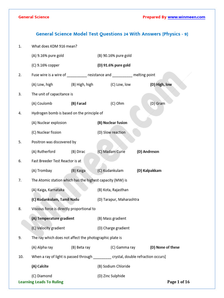 General Science Model Test Questions 24 in English With Answer | PDF