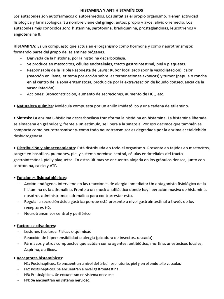 Histamina y Antihistamínicos | PDF | Especialidades Medicas | Medicina ...