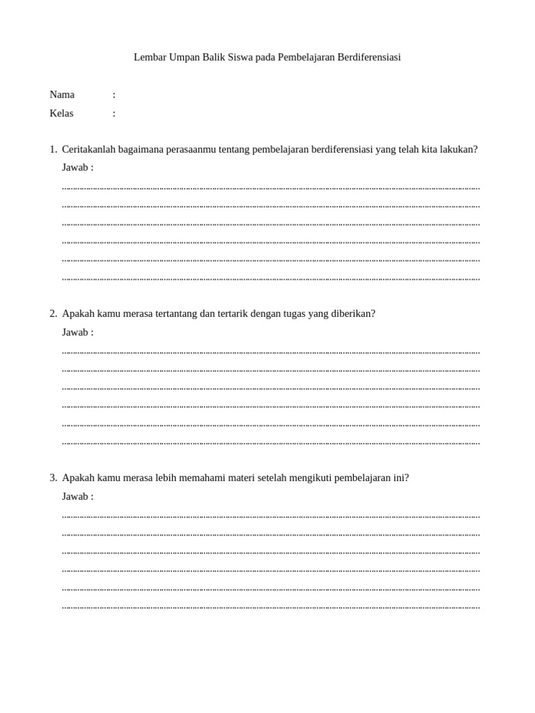 Lembar Umpan Balik Pembelajaran Berdiferensiasi | PDF