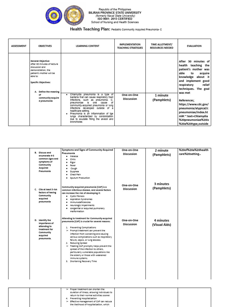 Health Teaching Plan (Pneumonia) | PDF | Pneumonia | Respiratory Diseases