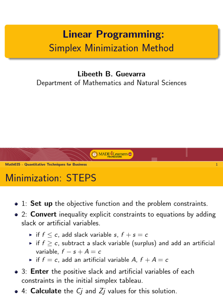 Simplex Minimization (Quantitative techniques in business) | PDF
